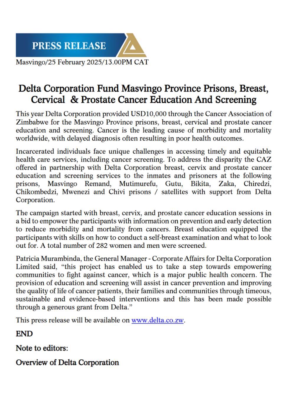 Press Release - Delta Corporation Limited