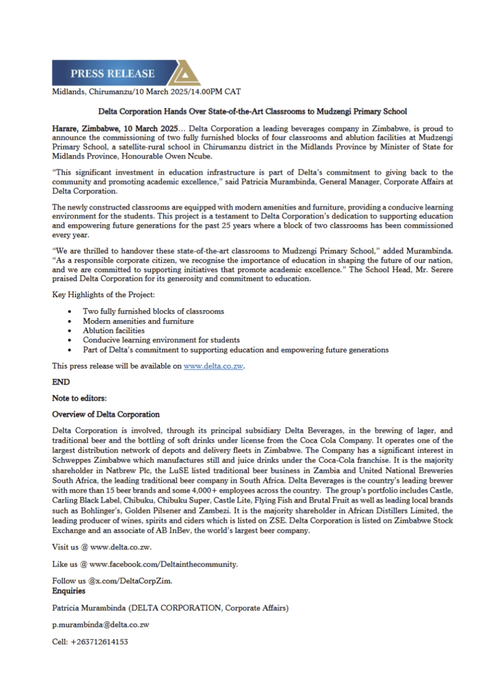 Press Release - Delta Corporation Limited